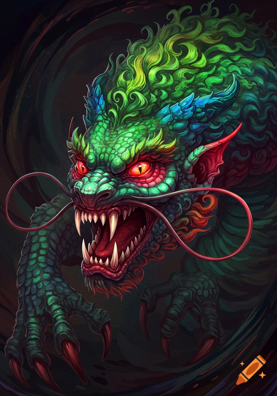 Close-up of a fierce green dragon with red eyes and sharp fangs ...