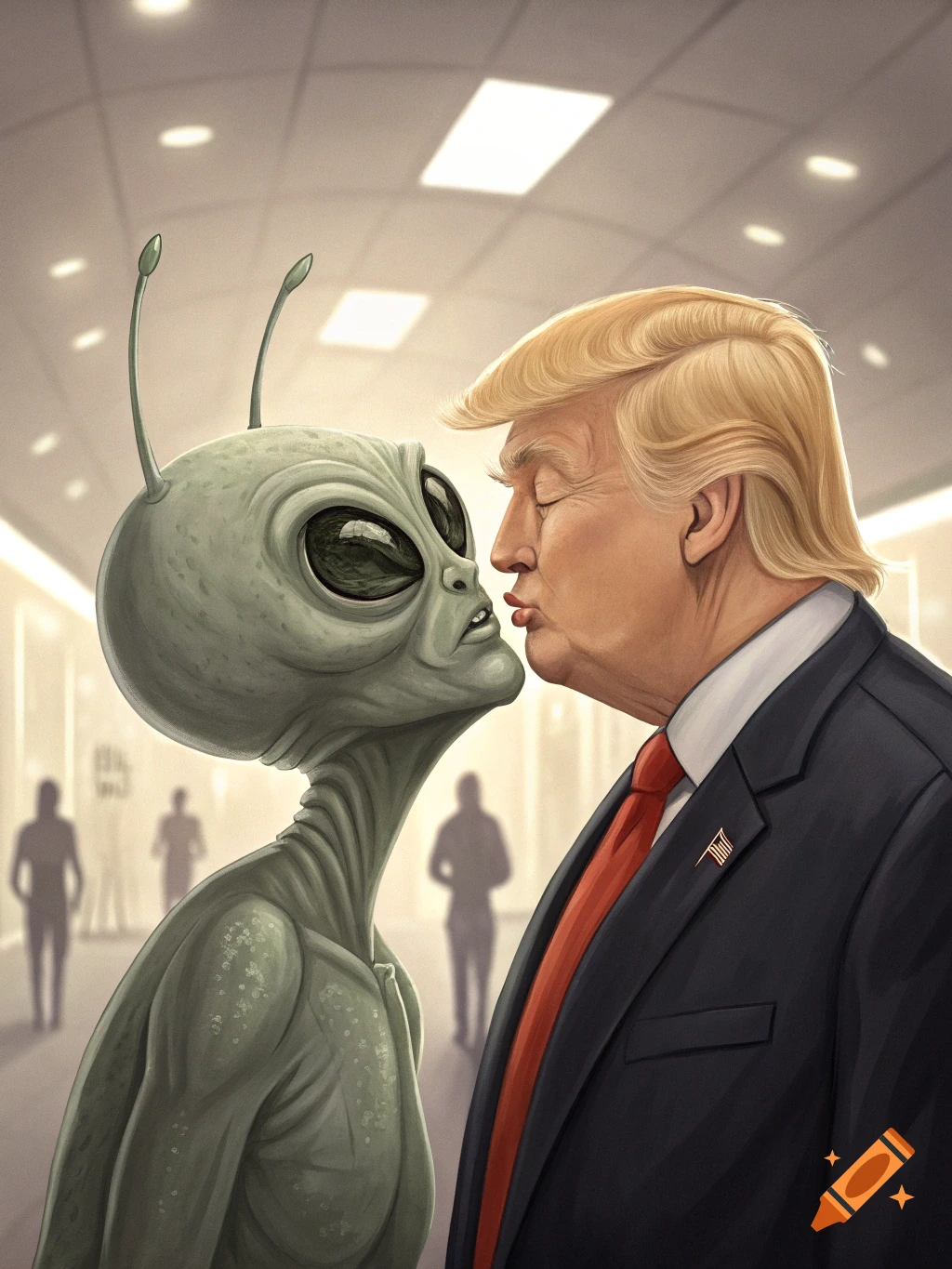 Illustration of Donald Trump puckering up to kiss a grey alien in a ...