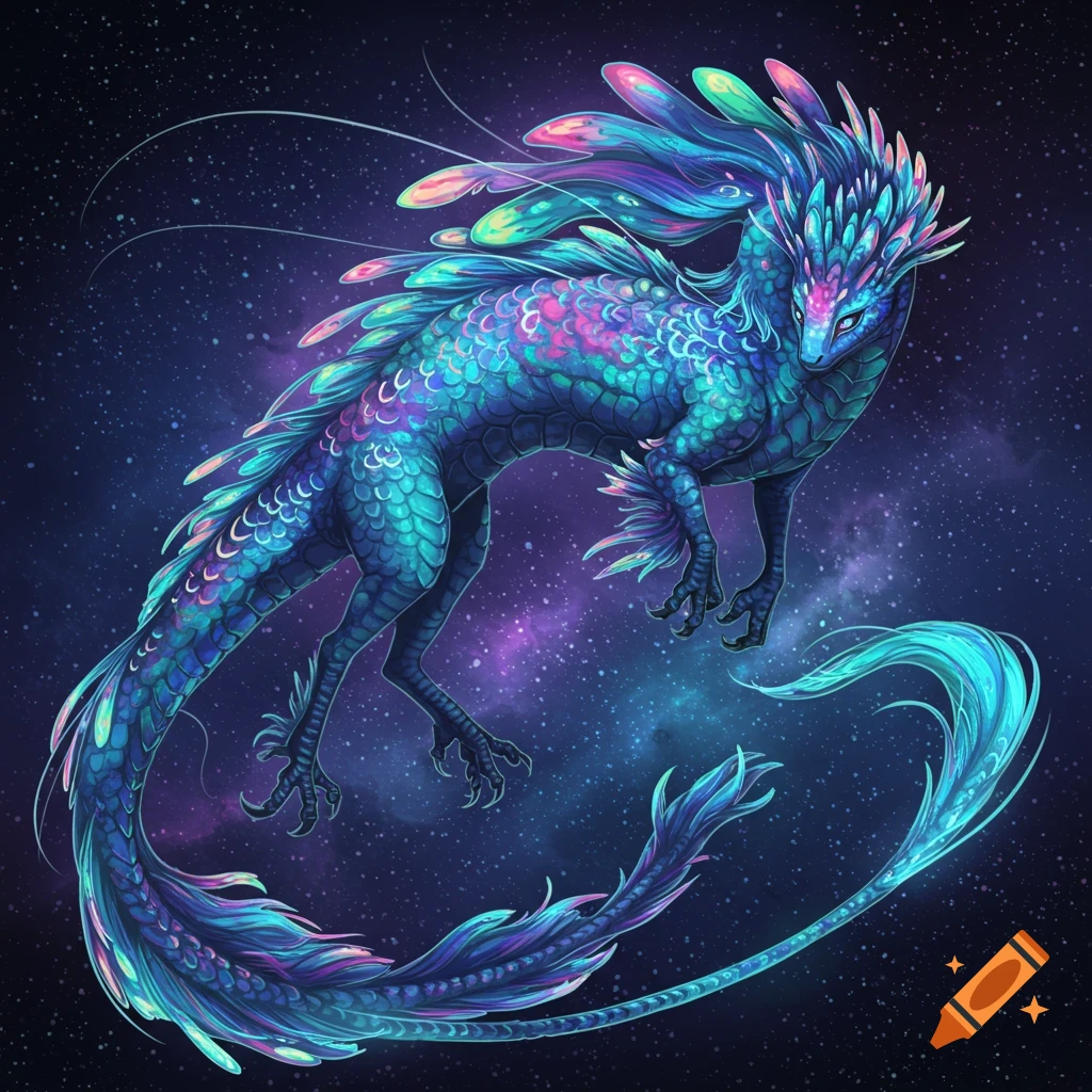 An iridescent fantasy creature with feathers and scales floats in front of a nebula and stars ...