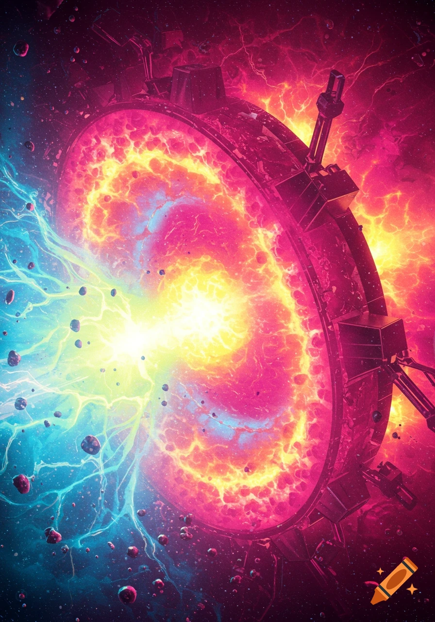Vibrant depiction of nuclear fusion or a cosmic portal with glowing ...