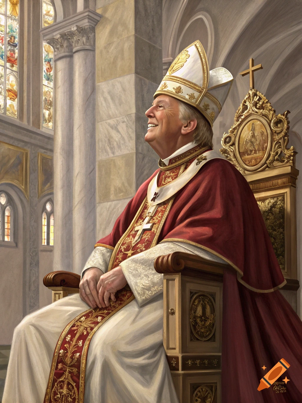 Painting of Donald Trump seated in a cathedral wearing papal robes on ...