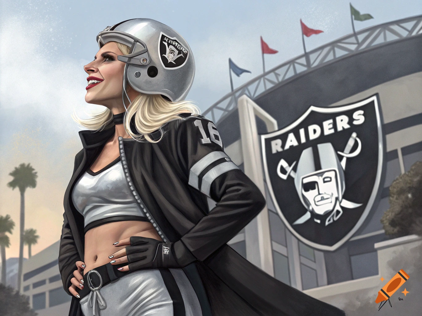 Illustration of a woman in a Raiders helmet and jacket posing outside a ...