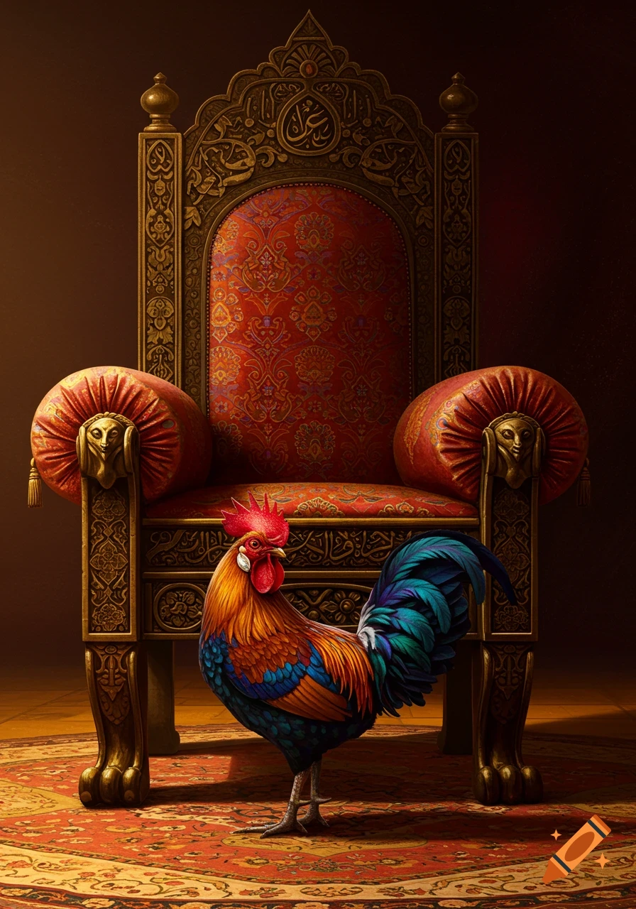 A colorful rooster stands on an elaborate rug in front of a large ...