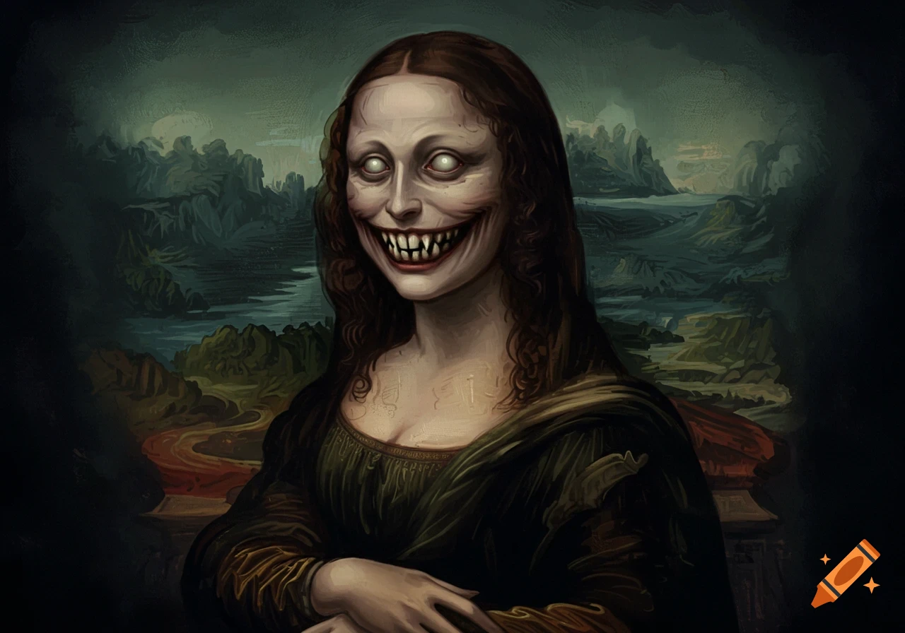 A creepy portrait of the Mona Lisa with distorted features, glowing ...