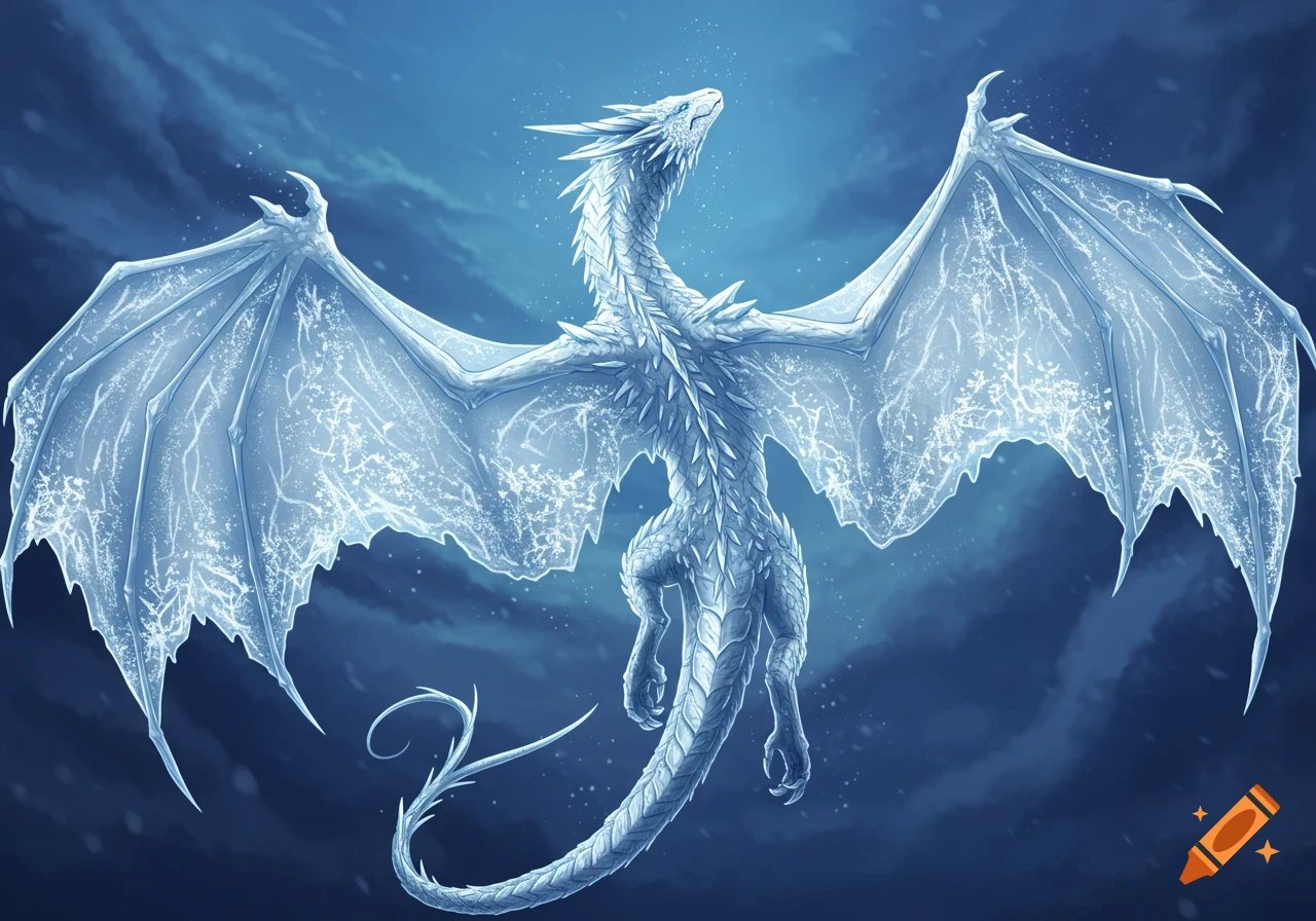 An ice dragon with translucent wings flies upward against a dark blue ...