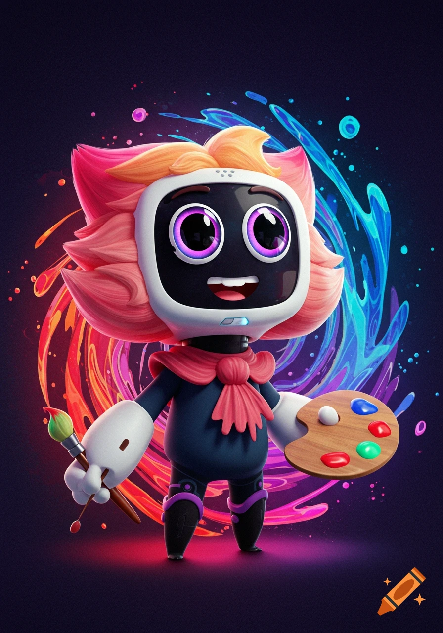 A stylized robot character holding a paintbrush and palette with ...