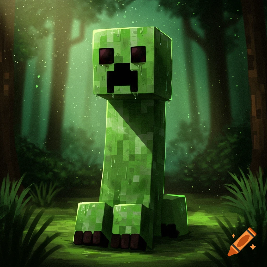 A Minecraft Creeper sits in a dark, wet forest. on Craiyon