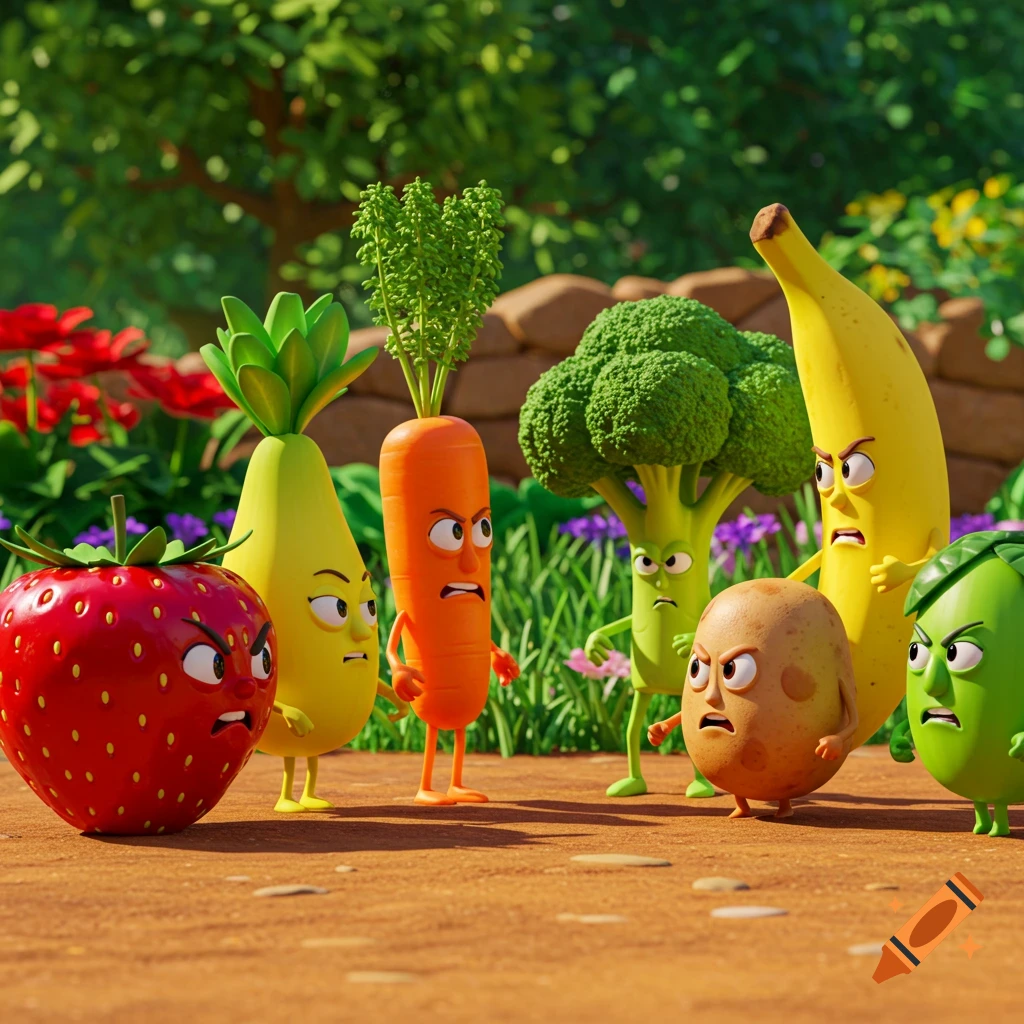 Angry cartoon fruits and vegetables in a garden. on Craiyon