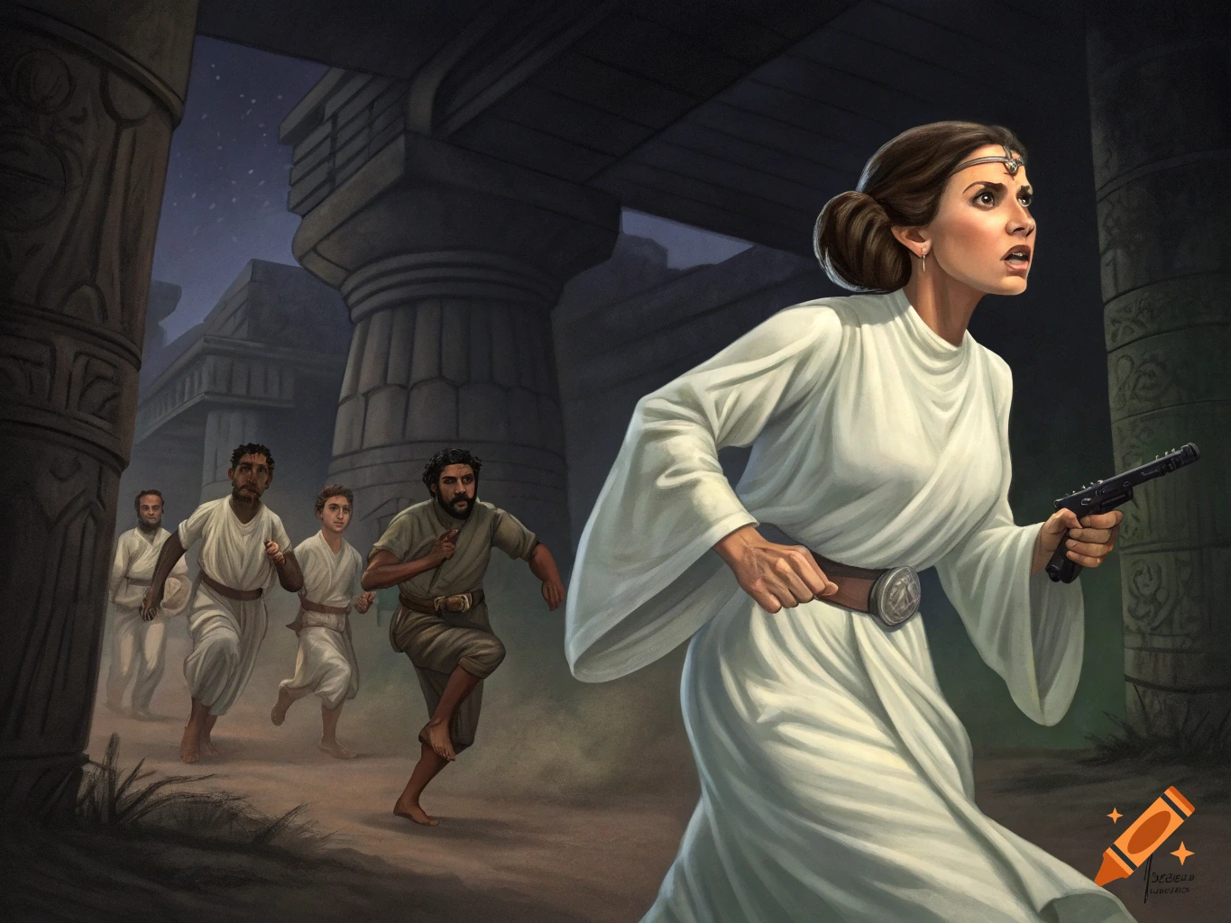 Princess Leia runs with a blaster in an ancient ruin at night, pursued ...