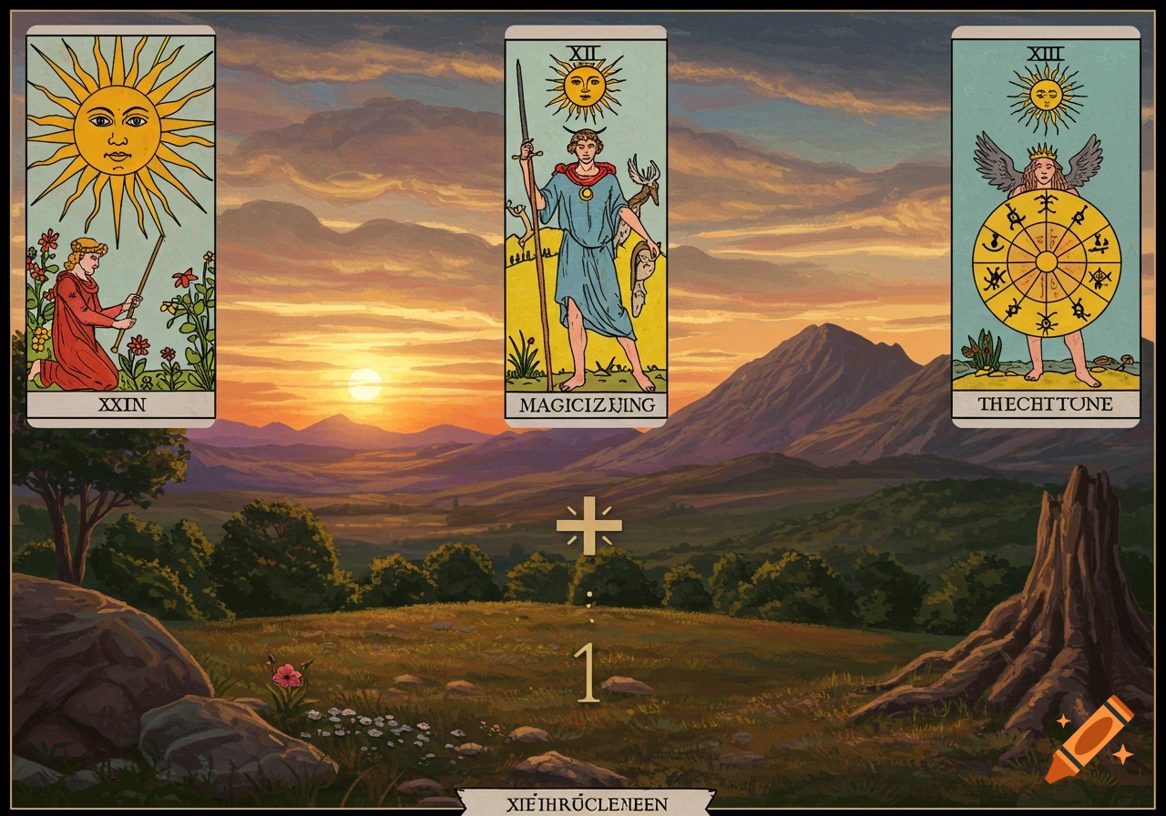 Painted landscape with three tarot cards: Sun, Magician, Wheel of ...