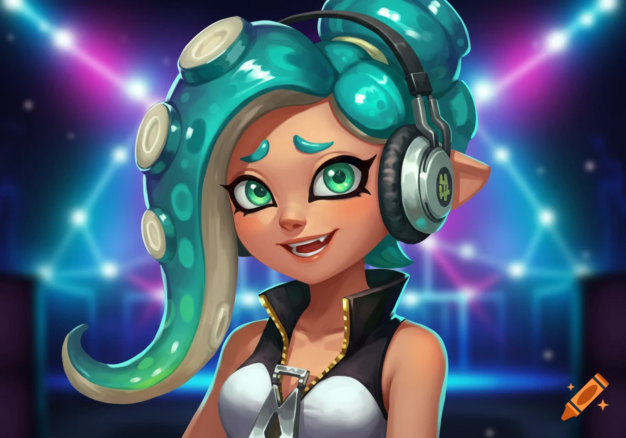 A stylized portrait of Marina from Splatoon wearing headphones. on Craiyon