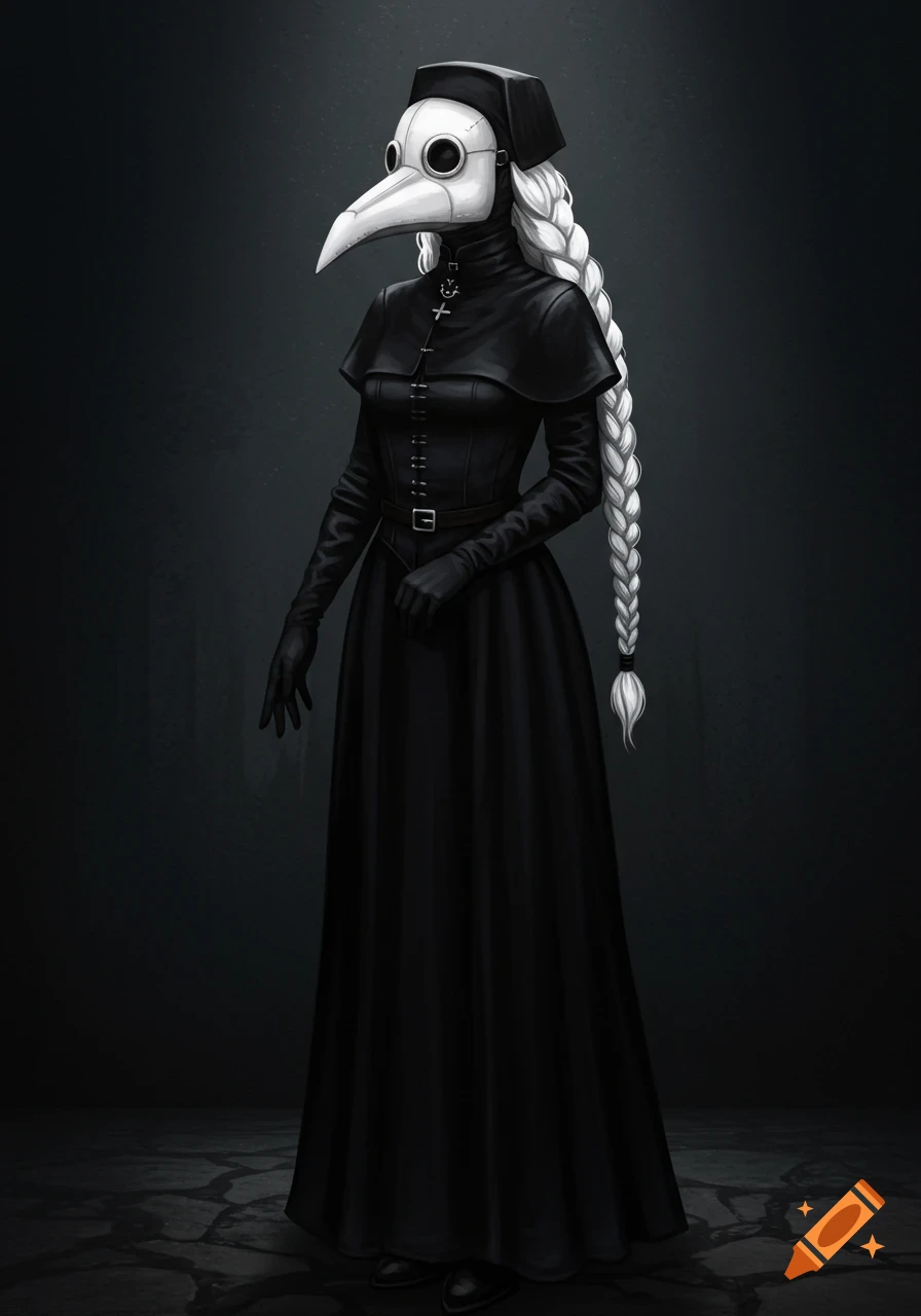 Person in a plague doctor mask and black dress with long white braided hair. on Craiyon