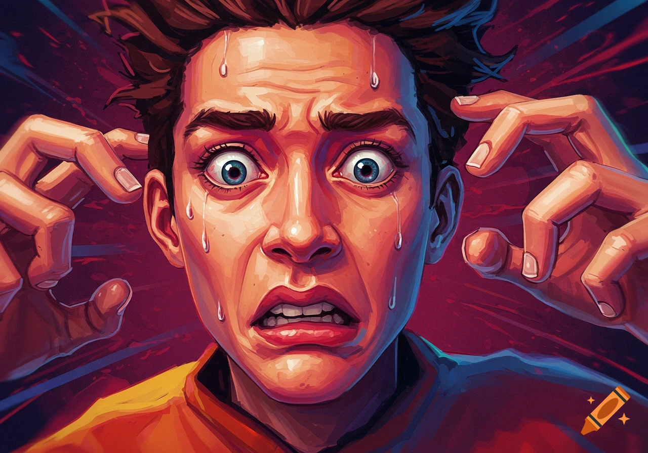 Close up illustration of a person's fearful face with sweat droplets ...