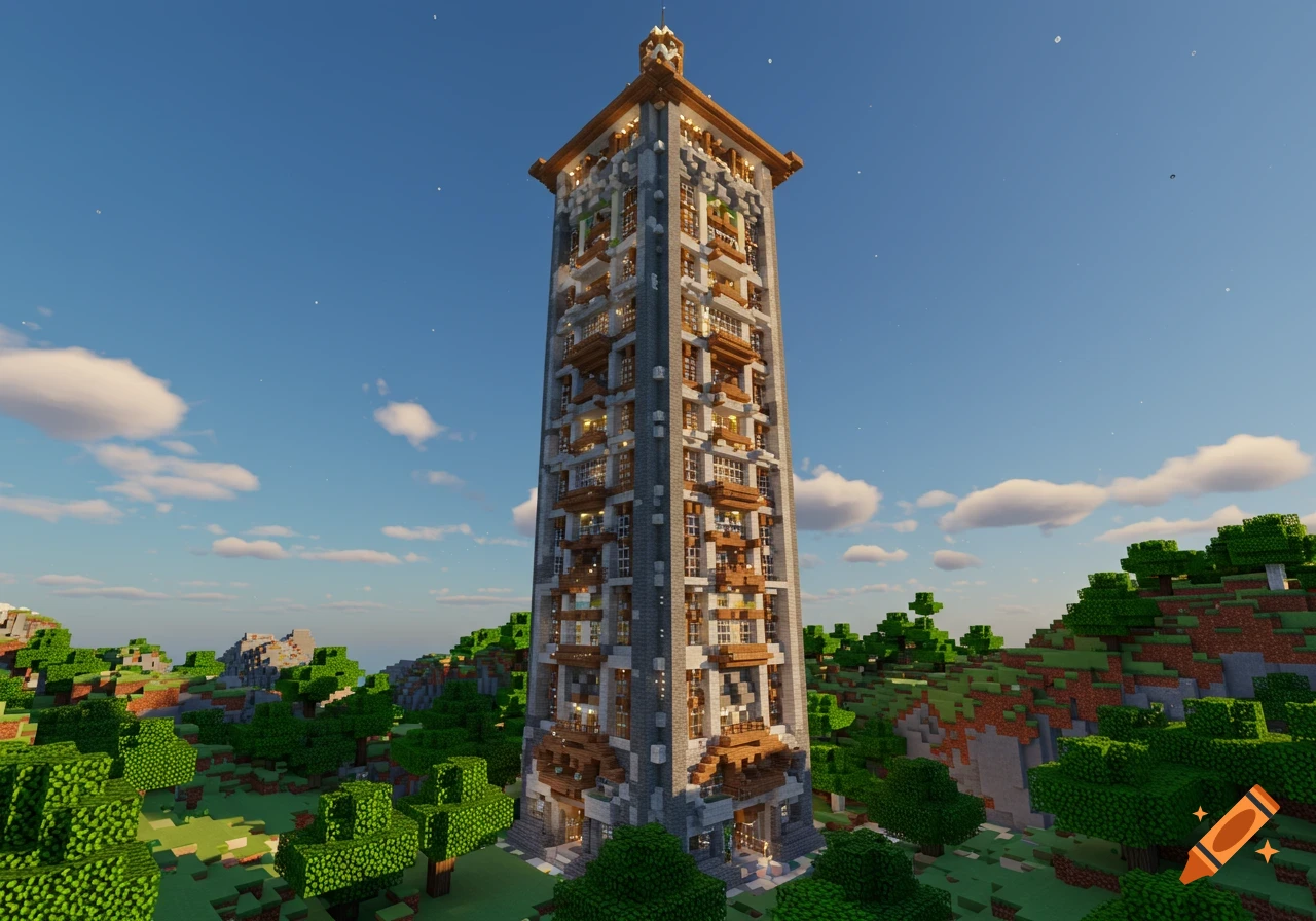 A tall blocky tower building in a Minecraft world landscape under a ...