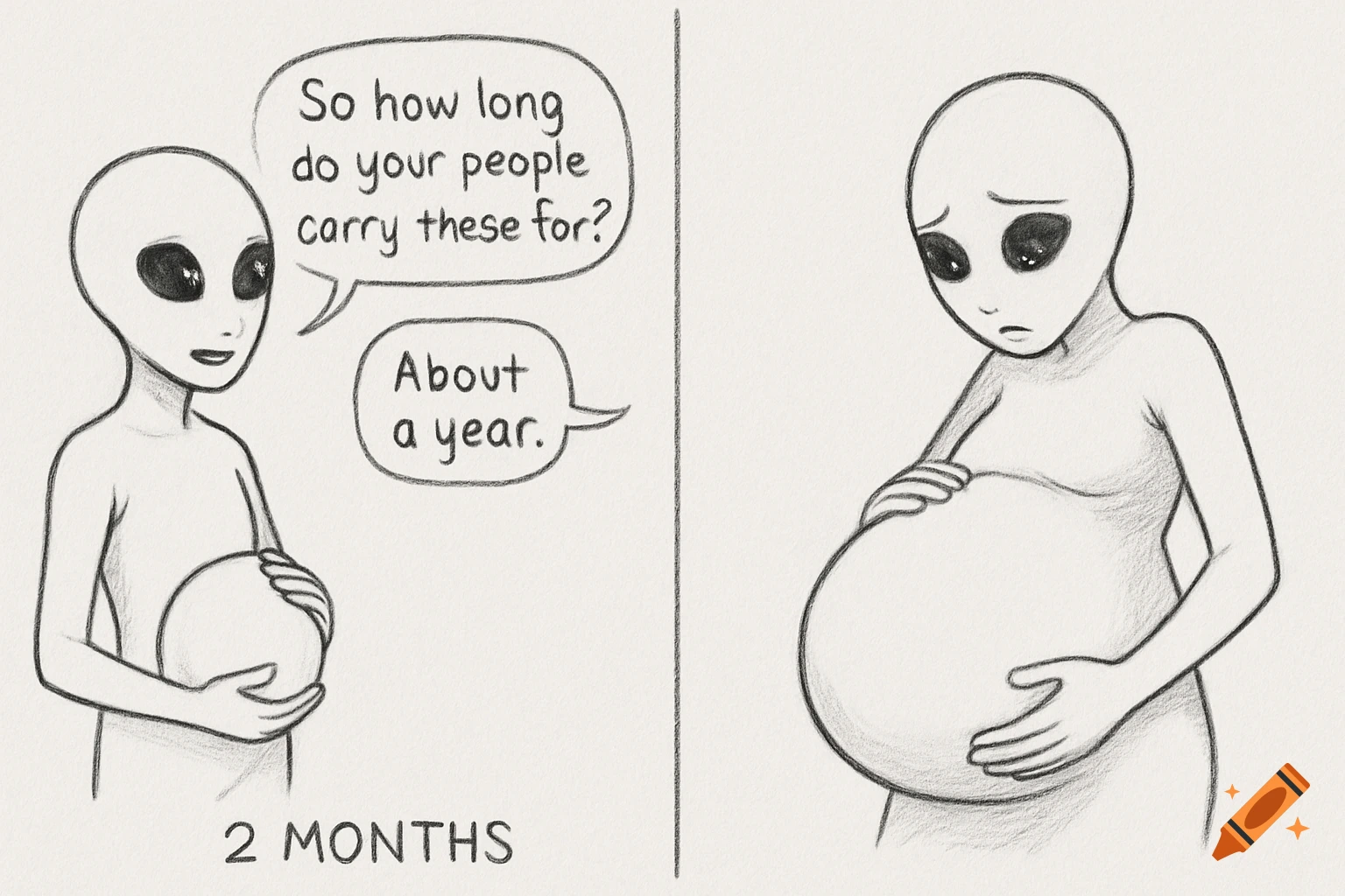 Two-panel sketch comic of aliens discussing pregnancy. Panel 1 shows ...
