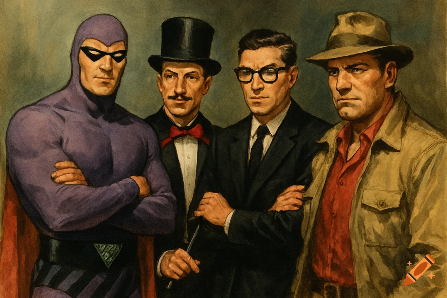 Illustration of four classic pulp/comic characters standing together on ...