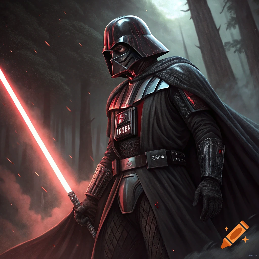 Darth Vader standing in a forest holding a red lightsaber on Craiyon
