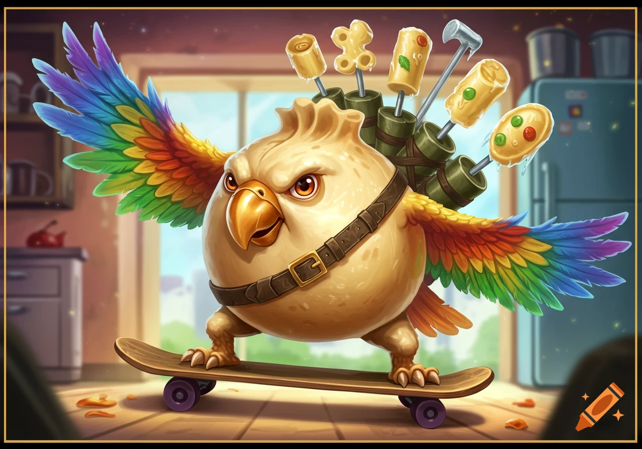 A cartoon dumpling-parrot creature with rainbow wings, carrying pasta ...