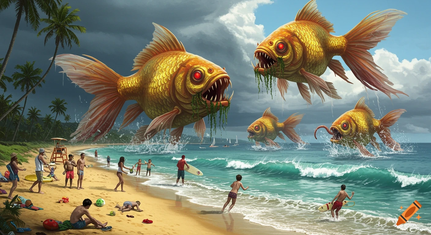 Giant mutated goldfish leap from the ocean and attack people on a sandy ...