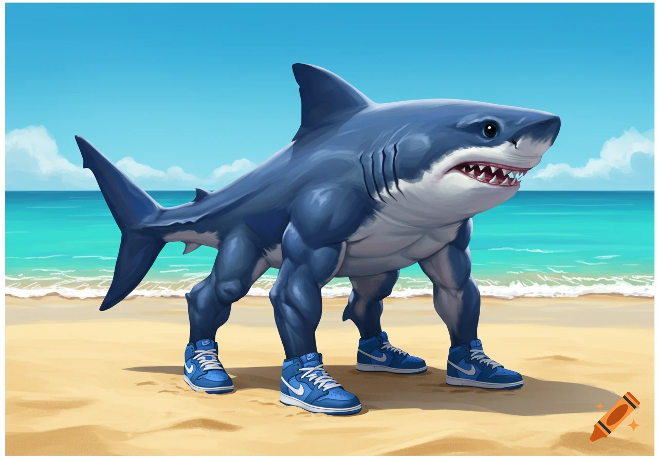 A muscular shark with four legs and blue sneakers stands on a beach. on ...