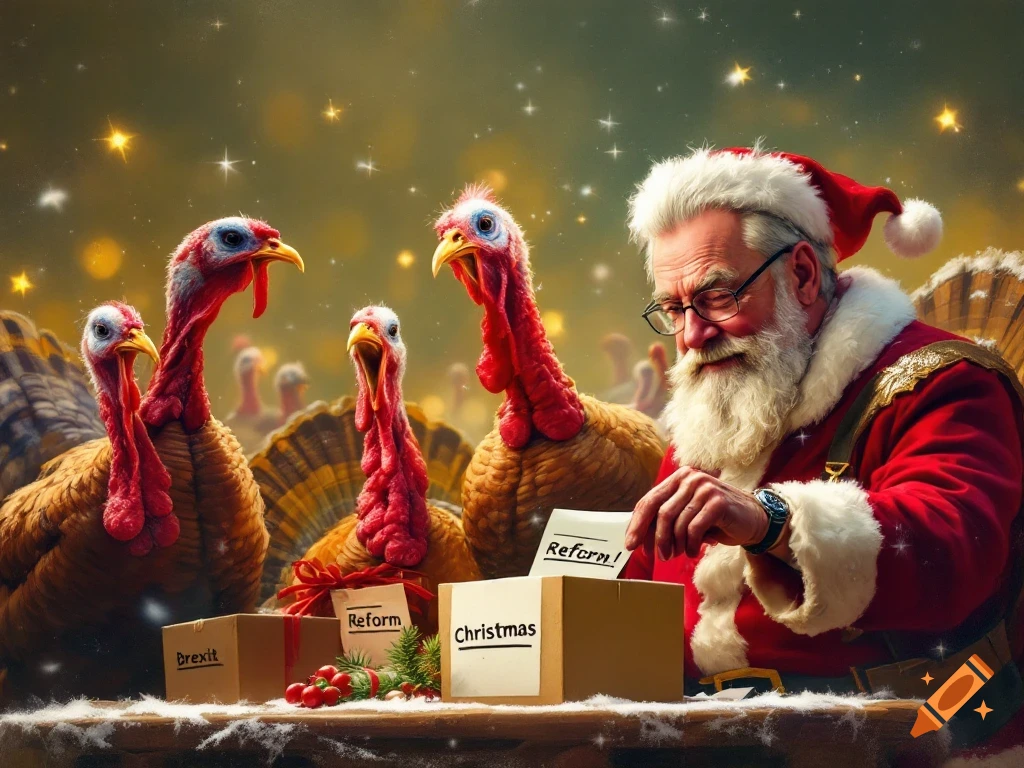 Santa Claus looking at voting slips and boxes labeled Brexit, Reform ...
