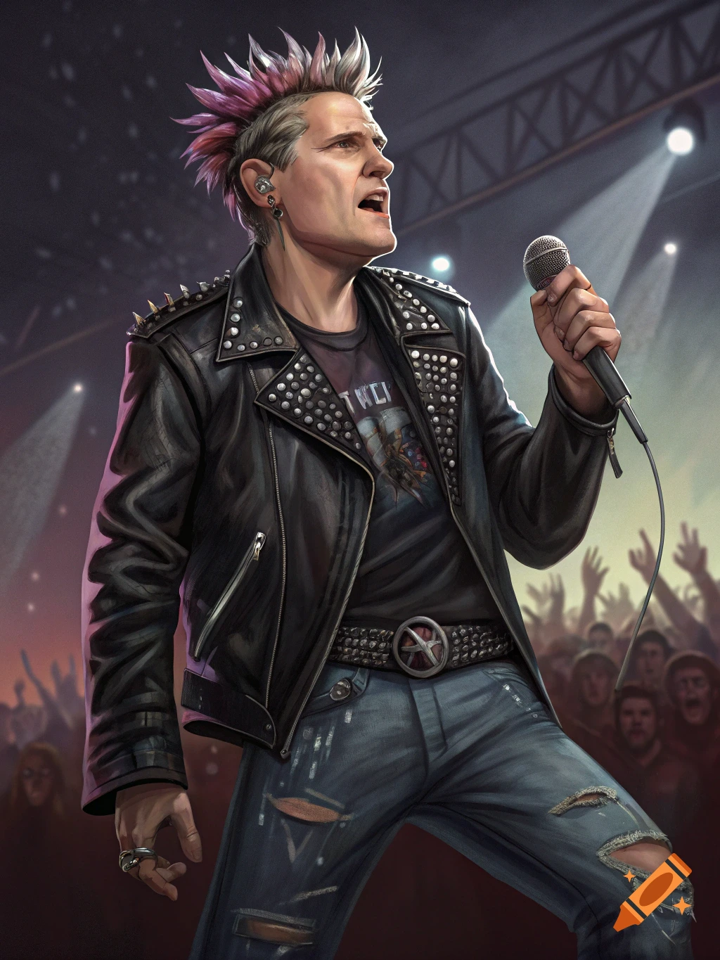 A punk rocker with a mohawk sings into a microphone on stage. on Craiyon