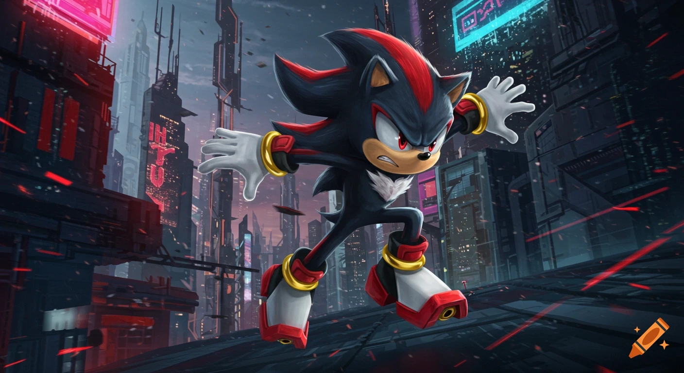 Shadow the Hedgehog poses dynamically in a detailed cyberpunk city ...