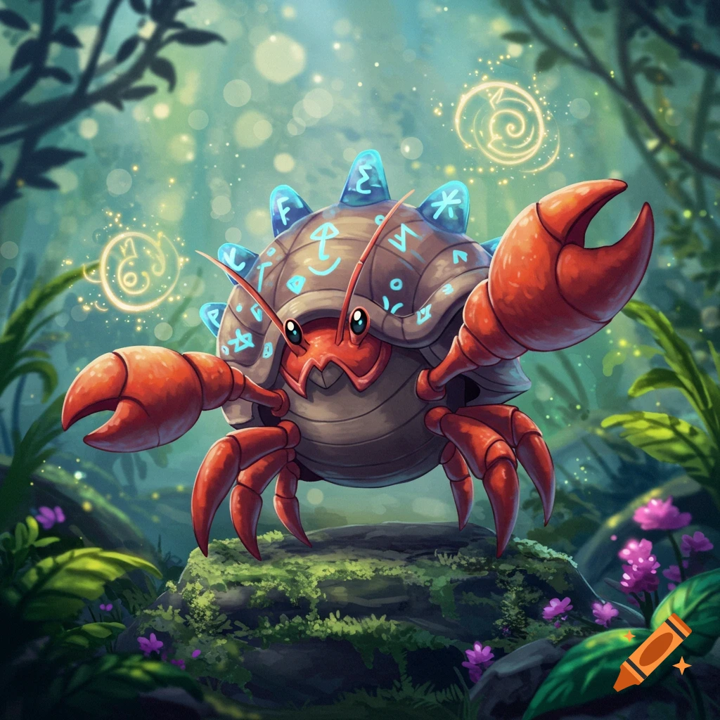 Illustration of a cute hermit crab creature with a runic shell in a ...