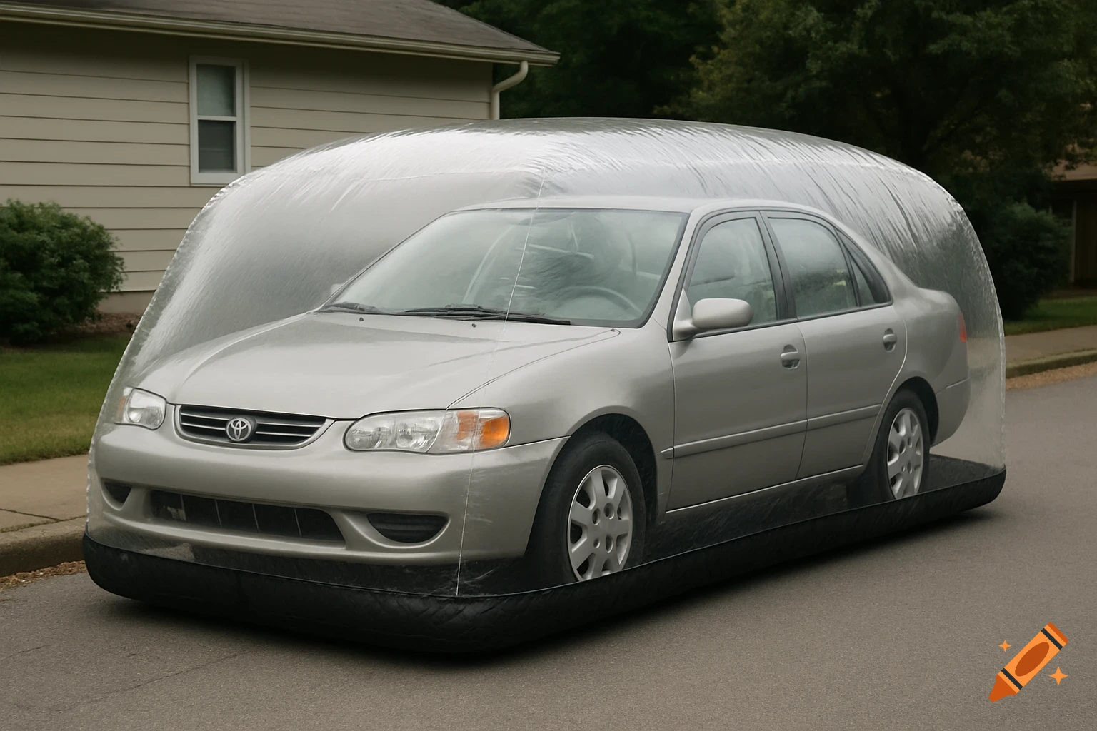 A silver car sits inside a clear inflatable cover on a street. on Craiyon