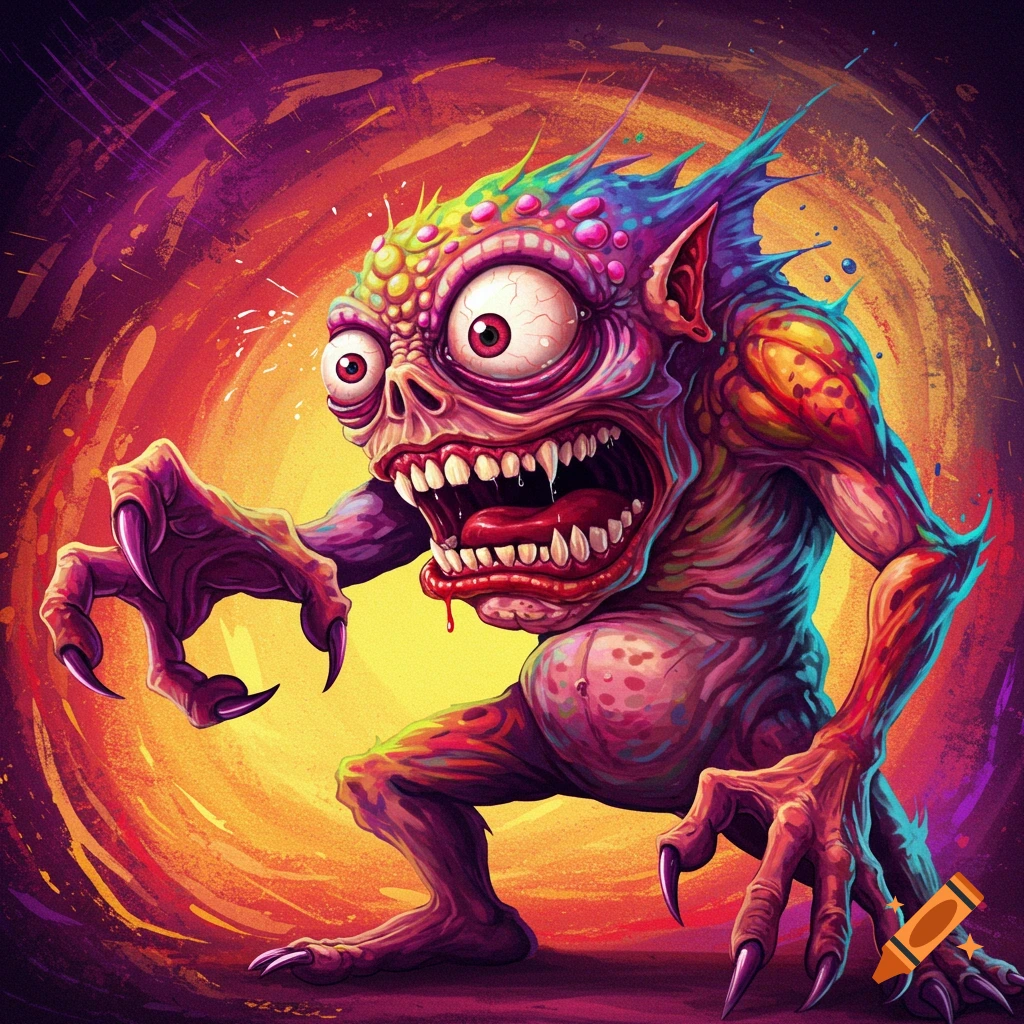 A vibrant, grotesque cartoon monster with wide eyes, sharp teeth, and ...