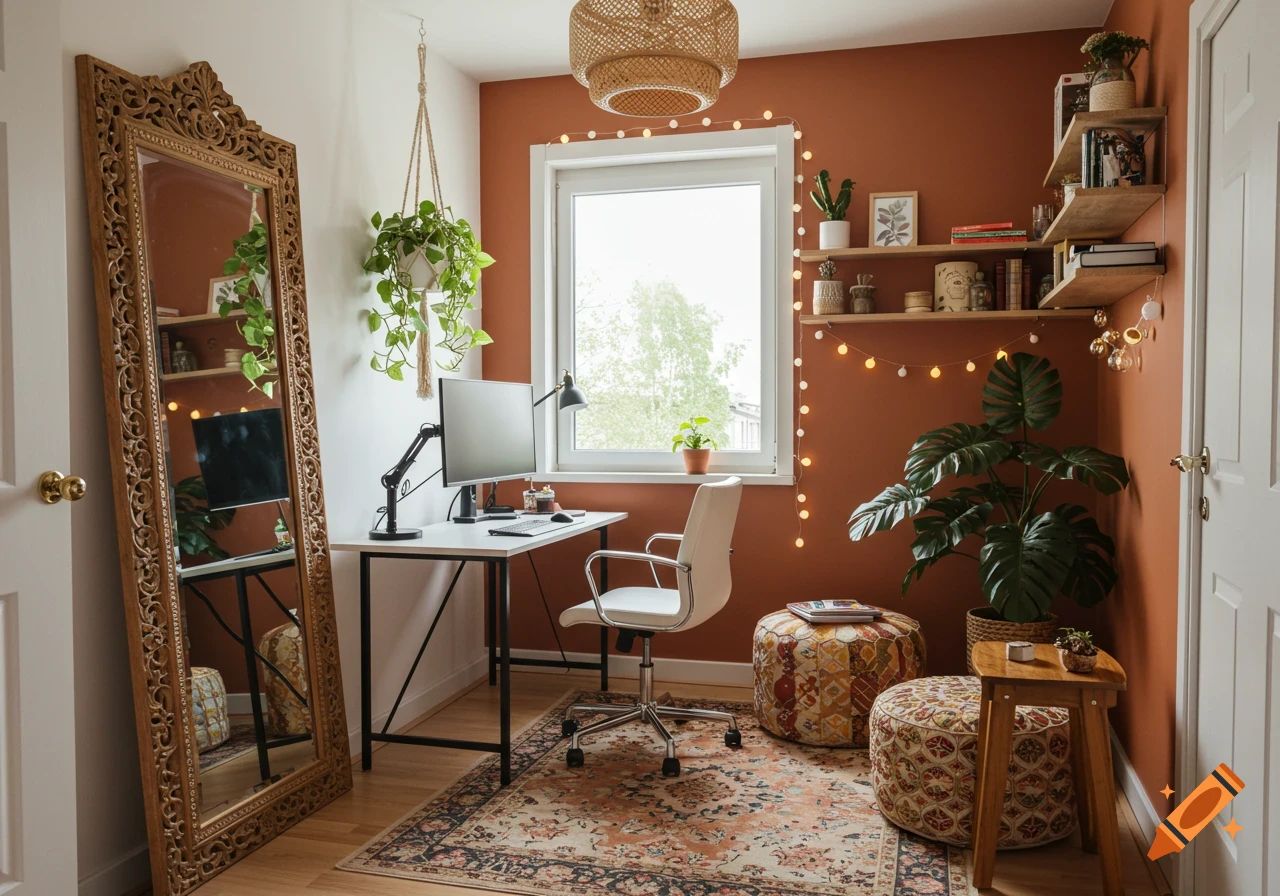 A cozy bohemian home office with a terracotta wall, large mirror, desk ...