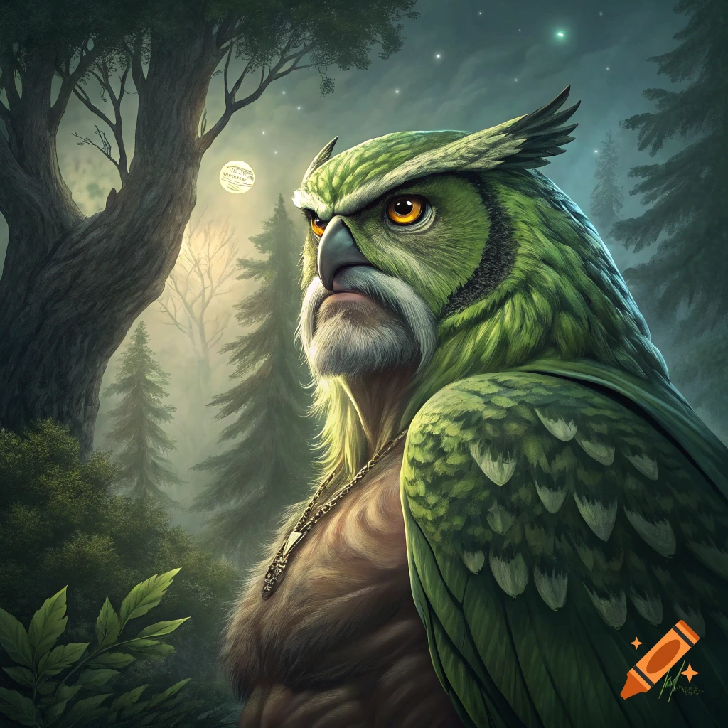 Fantasy portrait of an owl-human creature with a white beard and gold ...