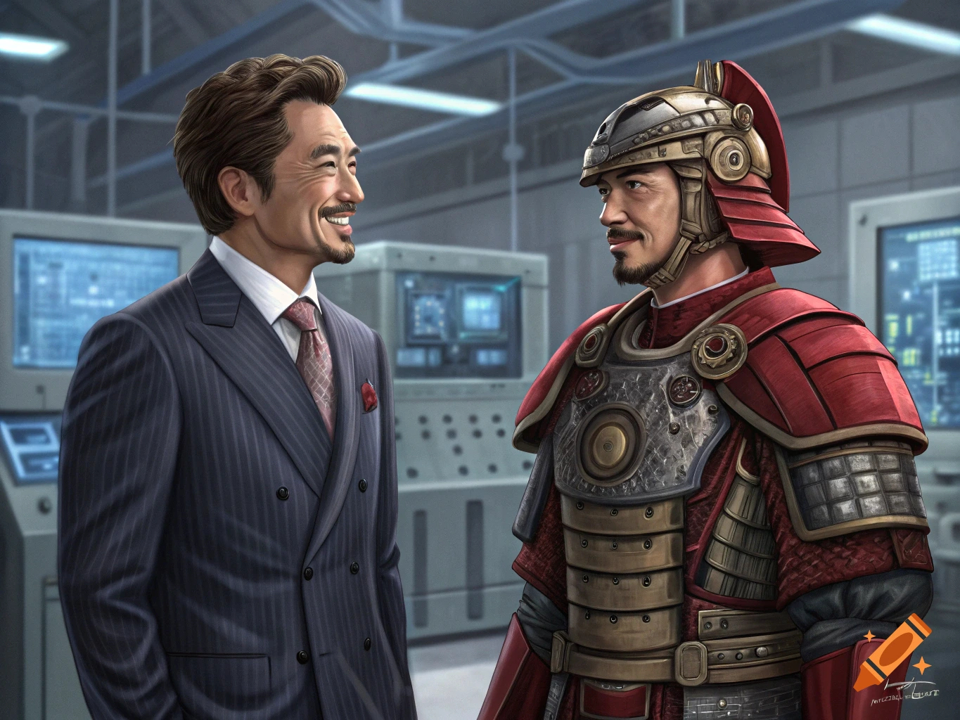 Digital painting of a man in a suit talking to a man in red and silver ...