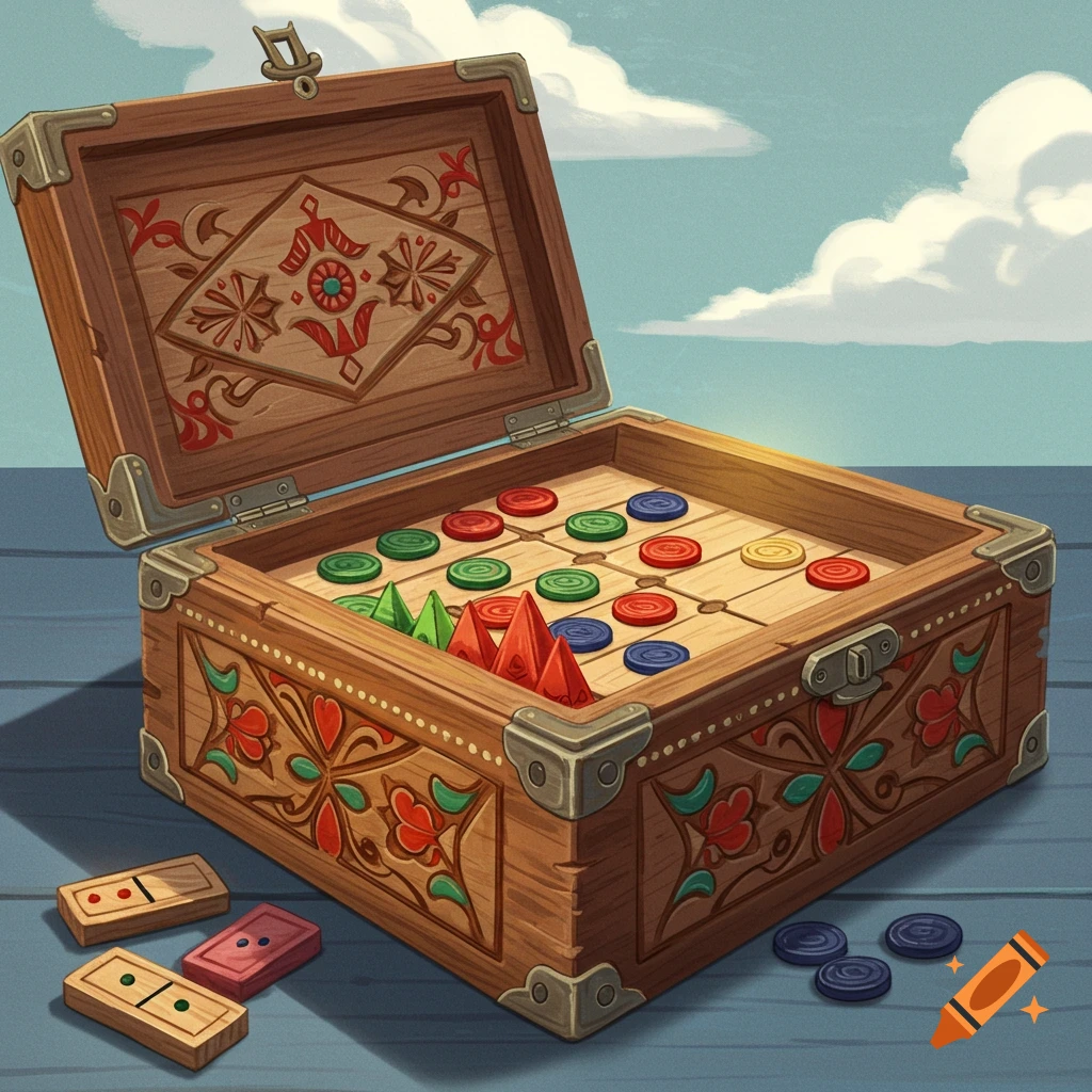 Open wooden game box with colorful game pieces and dominoes on a table ...