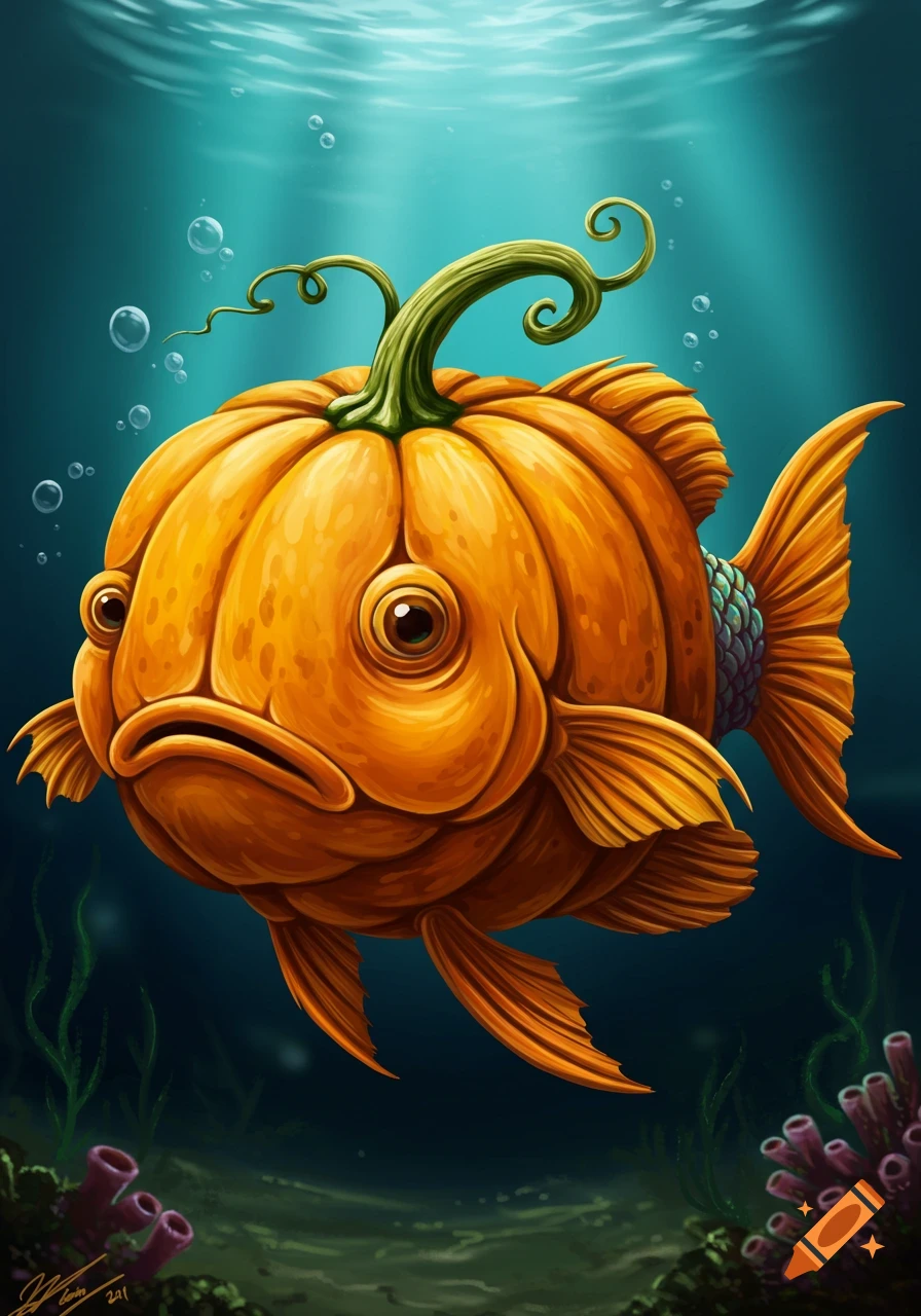 A cartoon-style pumpkin fish swims underwater with bubbles and coral ...