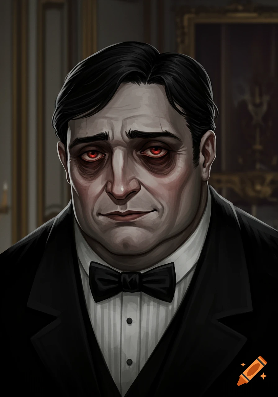 Portrait of a butler with red eyes, dark circles, wearing a tuxedo in a ...