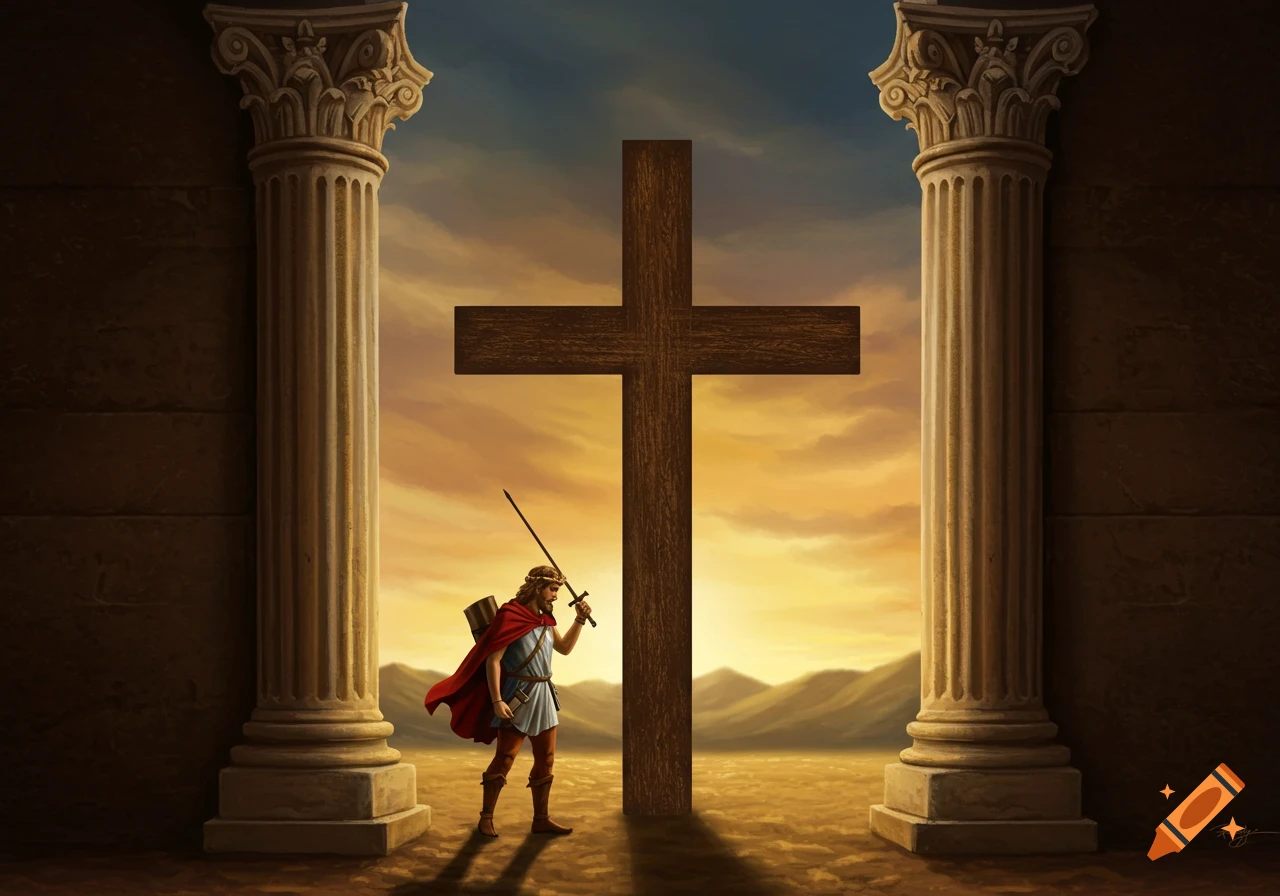 Figure stands between two columns facing a large cross against a sunset ...