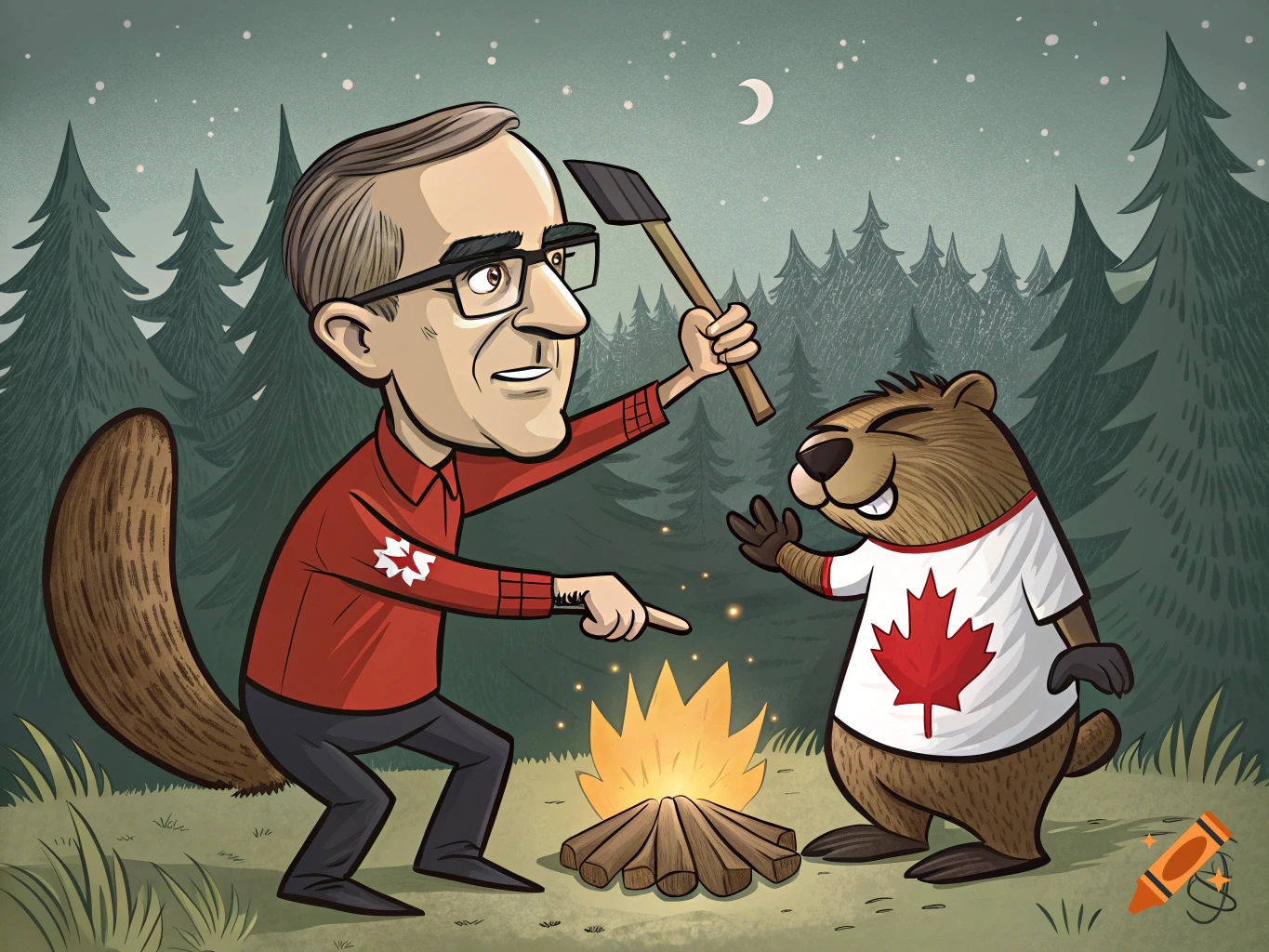 Cartoon man and beaver with Canadian shirt by a campfire in the woods ...