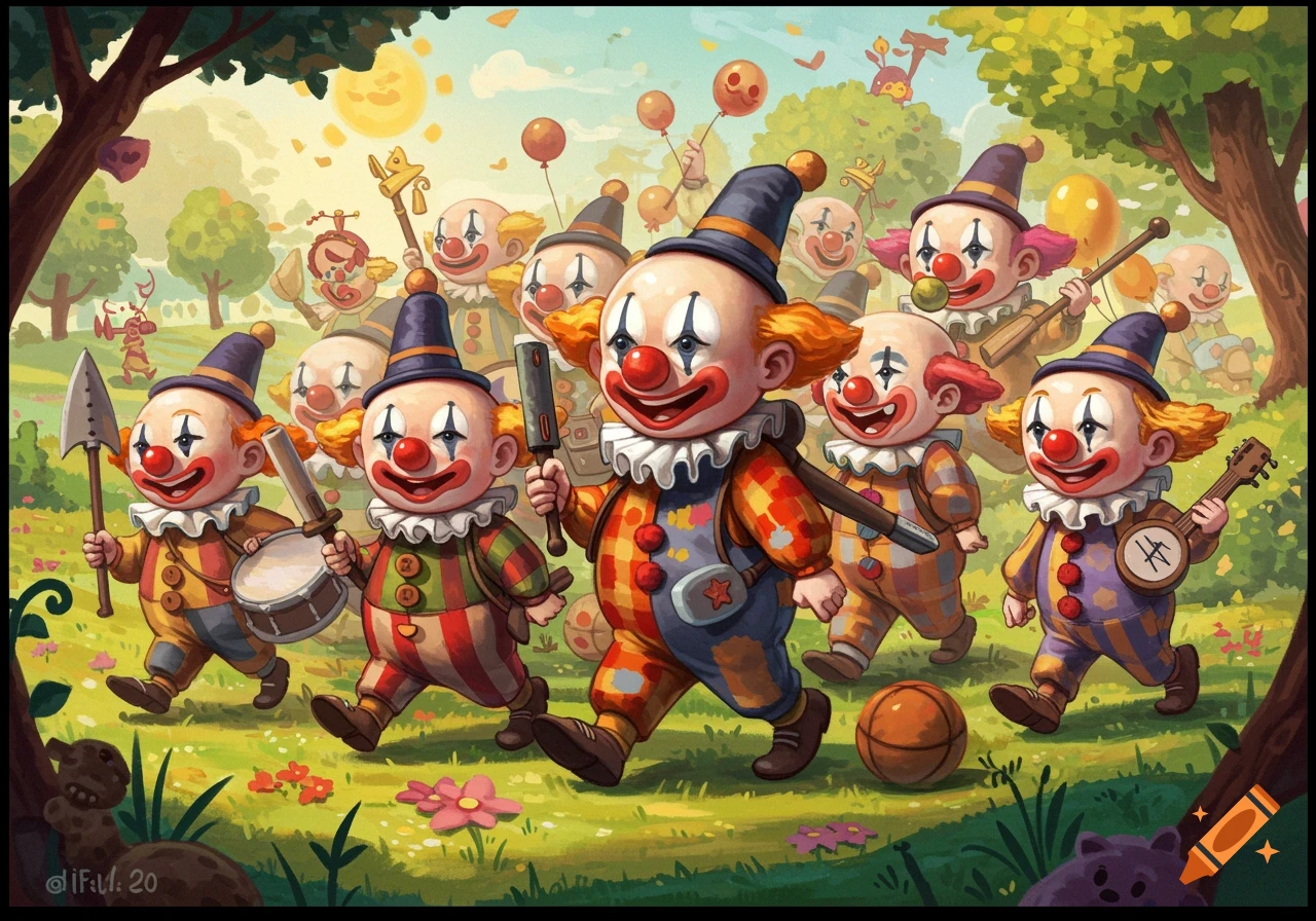 Cartoon illustration of child-like clowns walking in a group with ...