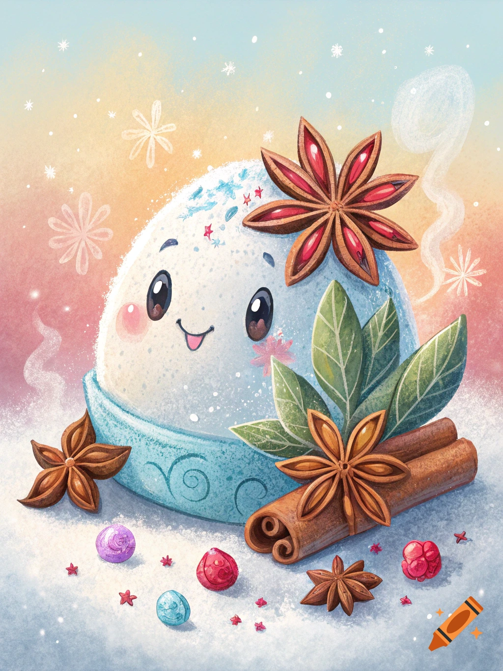 Cute snowball character in a bowl with star anise, cinnamon, and ...