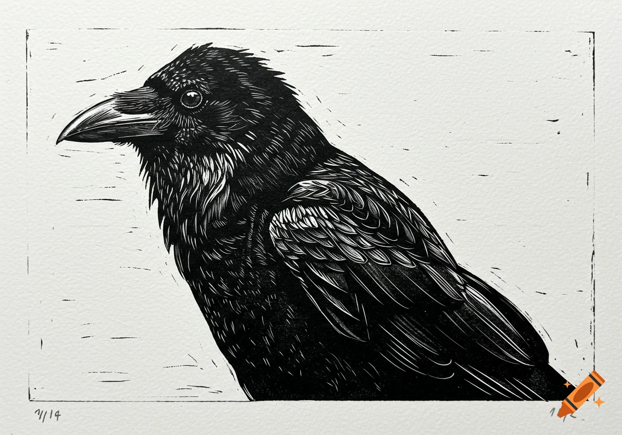 Black and white linocut print of a crow looking left. on Craiyon