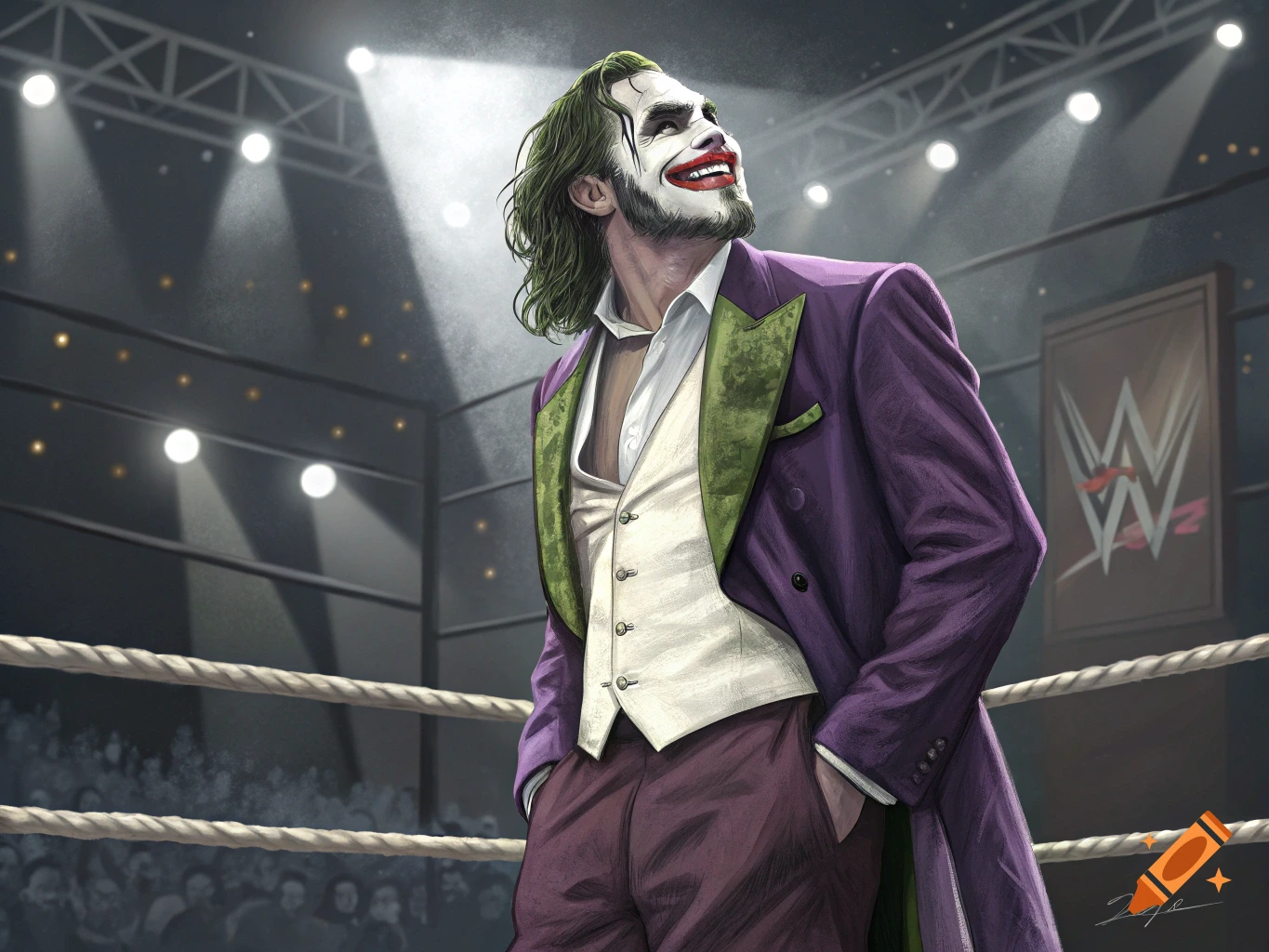 Joker-like character in a wrestling ring under spotlights on Craiyon