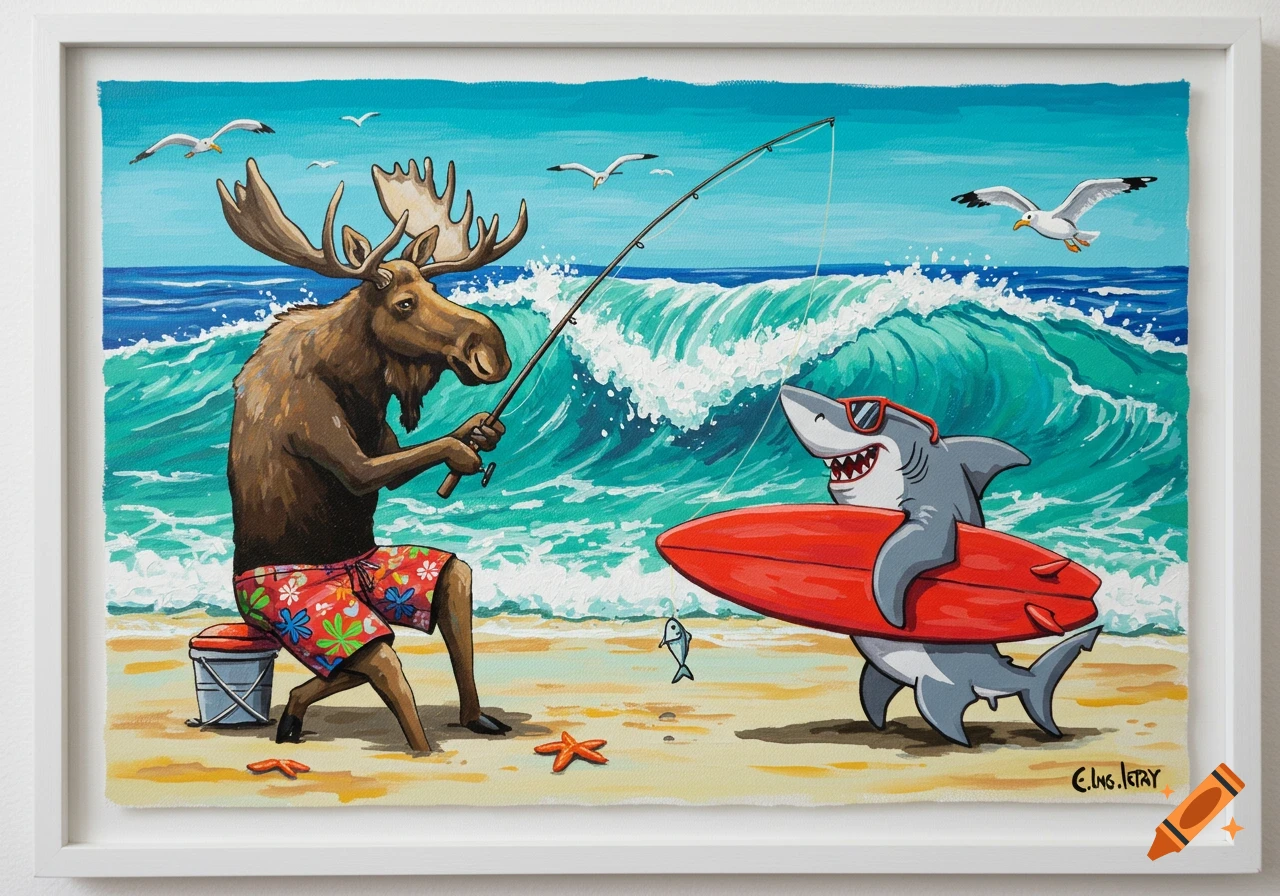 Cartoon moose fishing on the beach while a shark surfs beside him ...