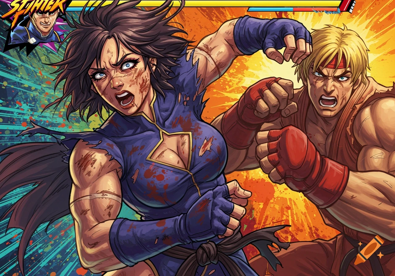 Comic book style illustration of two muscular fighters, a female and a ...