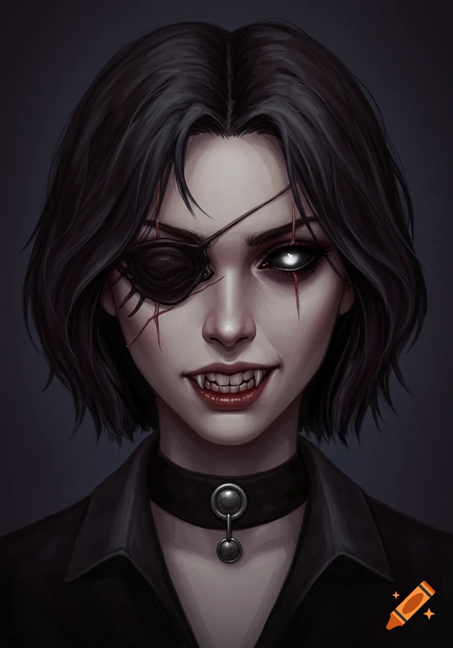 Digital painting of a pale woman with fangs, eye patch, scars, and one ...
