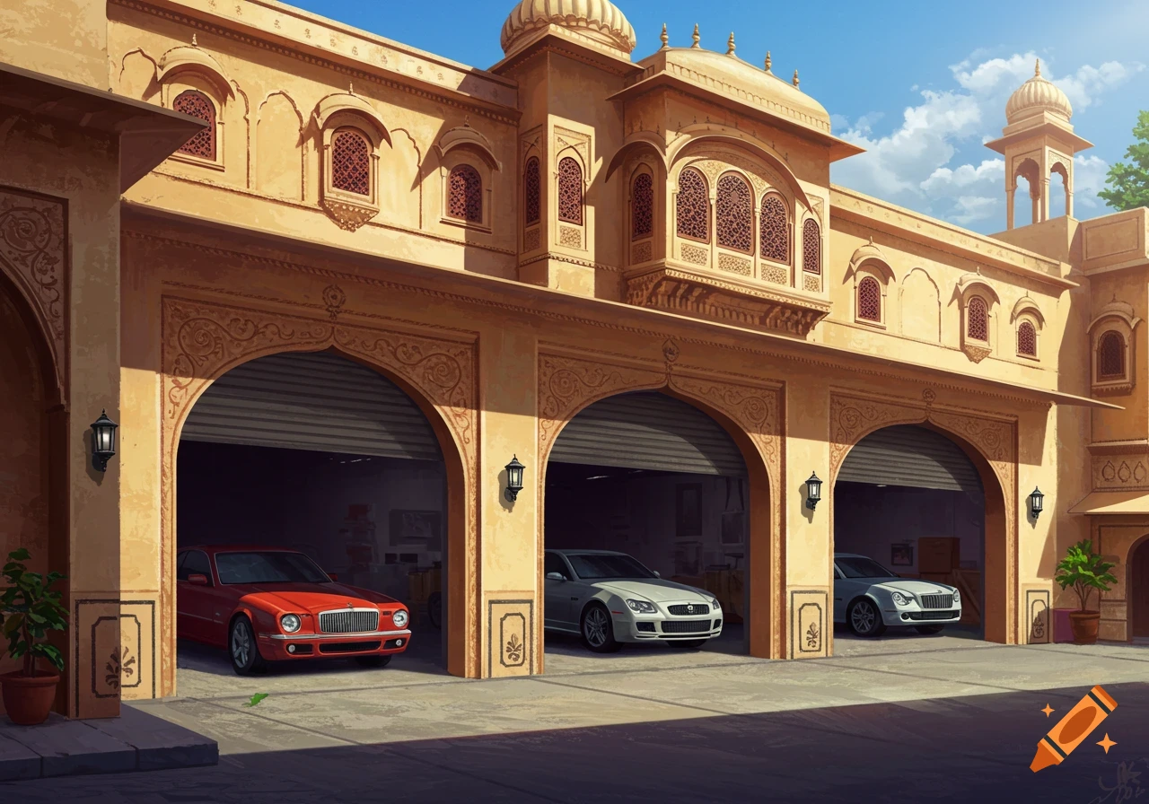 Ornate Indian-style building with three garage bays containing classic ...