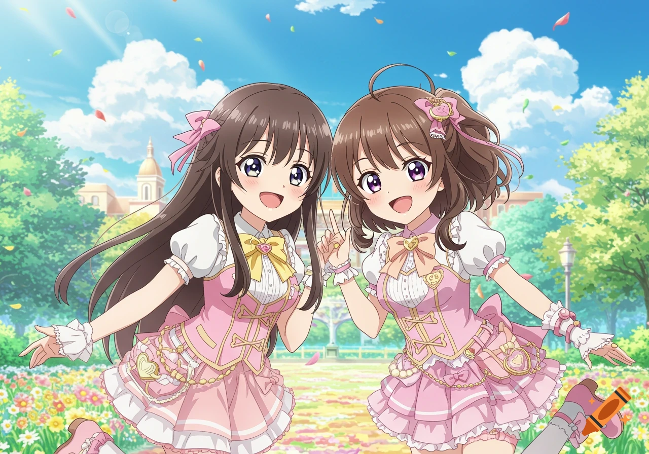 Two anime girls in pink idol dresses stand in a sunny park filled with ...