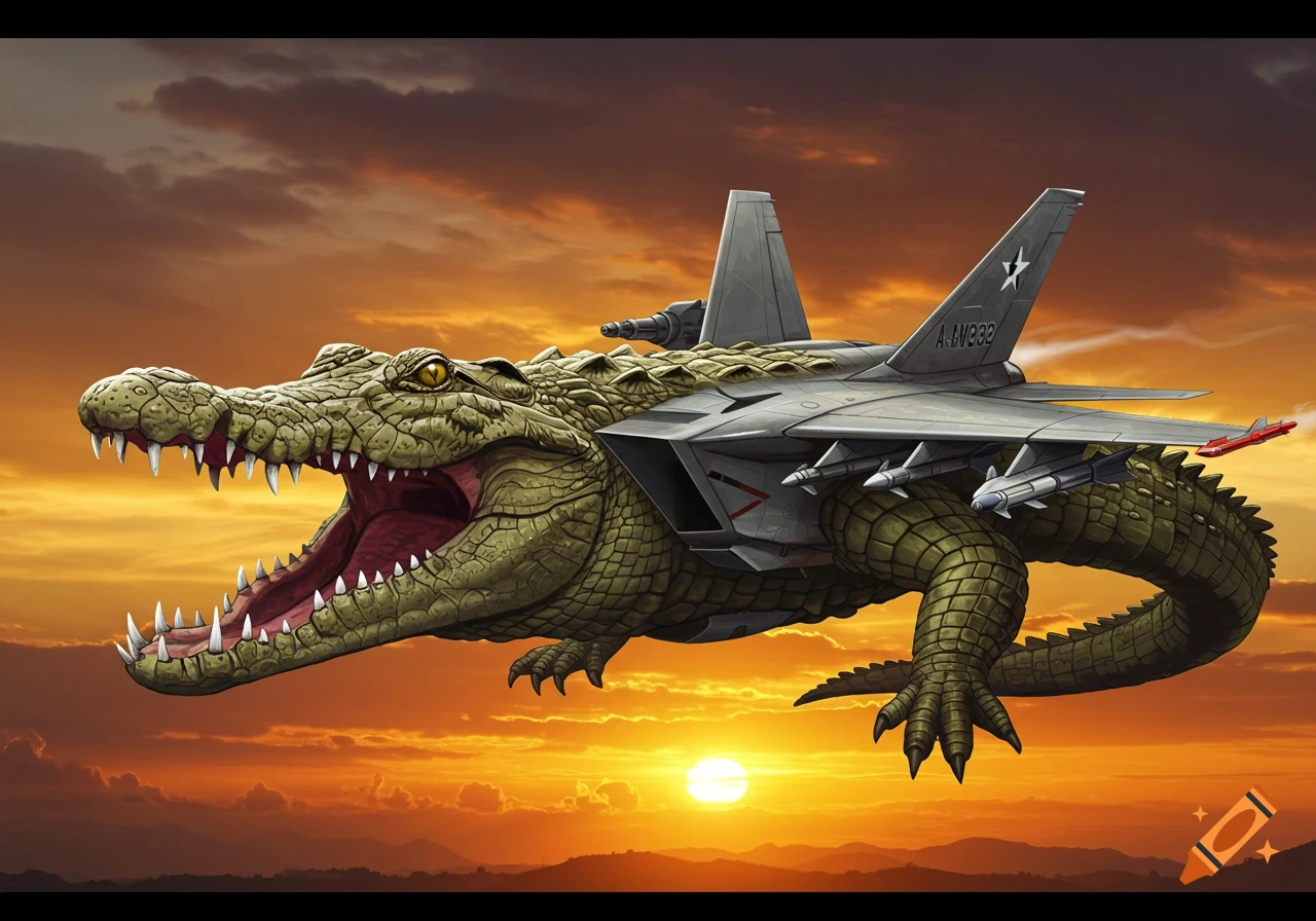 A giant crocodile with a jet fighter on its back flies through a sunset ...