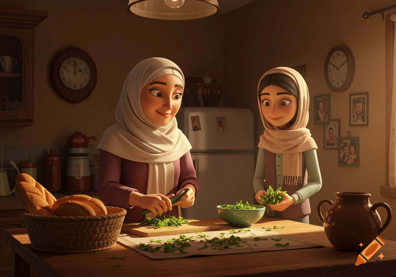 Animated scene of two women in hijabs preparing food in a cozy kitchen ...
