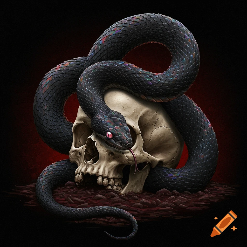 Black snake wrapped around a human skull. on Craiyon